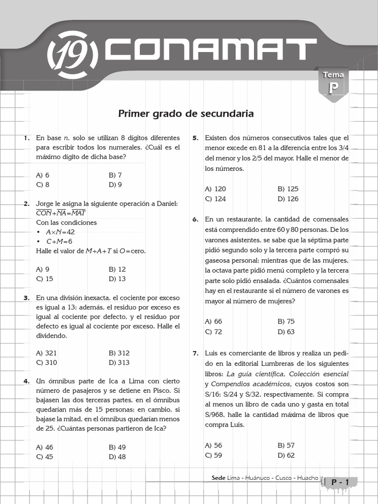 19 - Conamat - Elimin - 1S - Tema P - Lima | PDF | División (Matemáticas) | Matemáticas