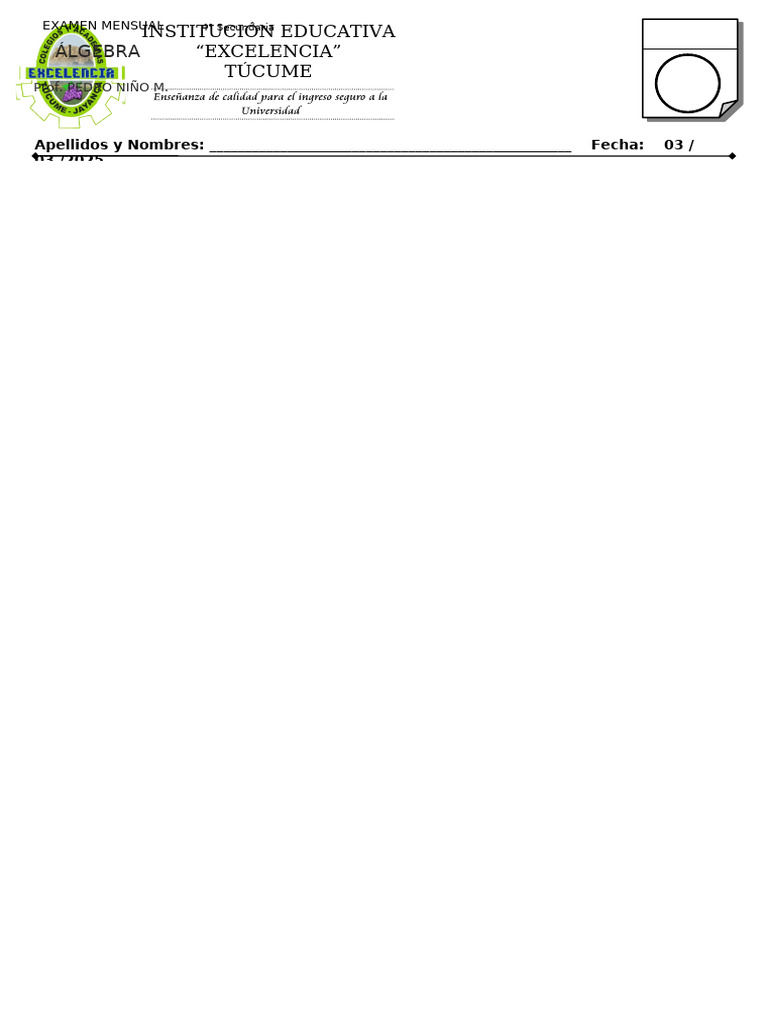 Examen Mensual de Álgebra 4° Secundaria | PDF