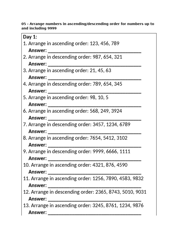 05 - Arrange Numbers in Ascending-Descending Order for Numbers Up to ...