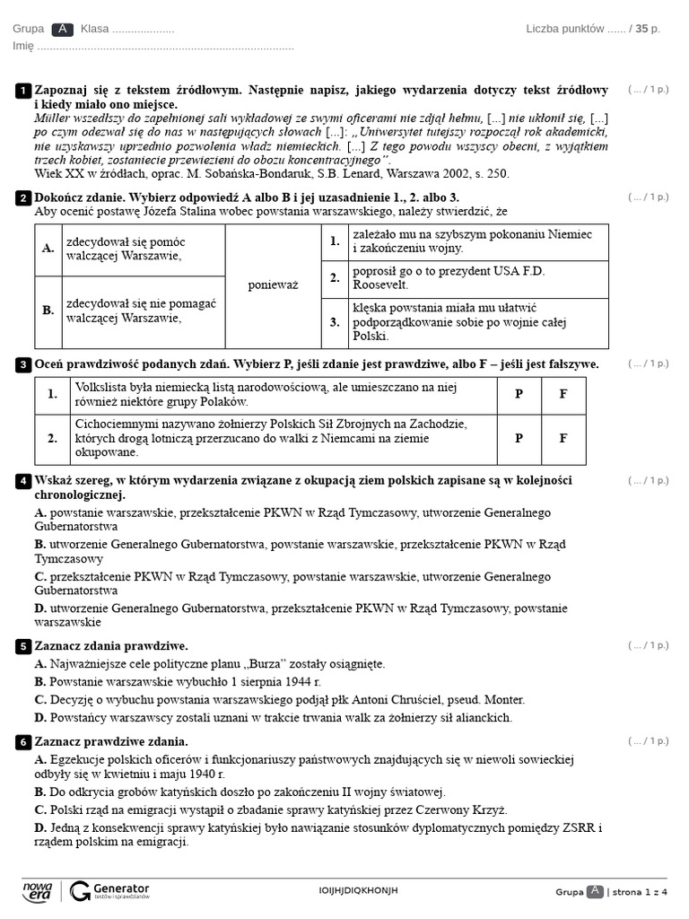 VII. Polacy Podczas II Wojny Światowej Test (Z Widoczną Punktacją) | PDF