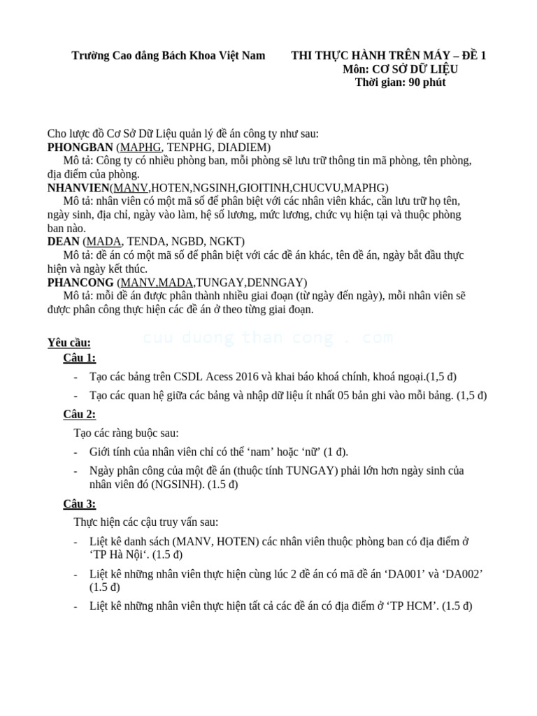 ĐỀ TH SỐ 1 CSDL | PDF