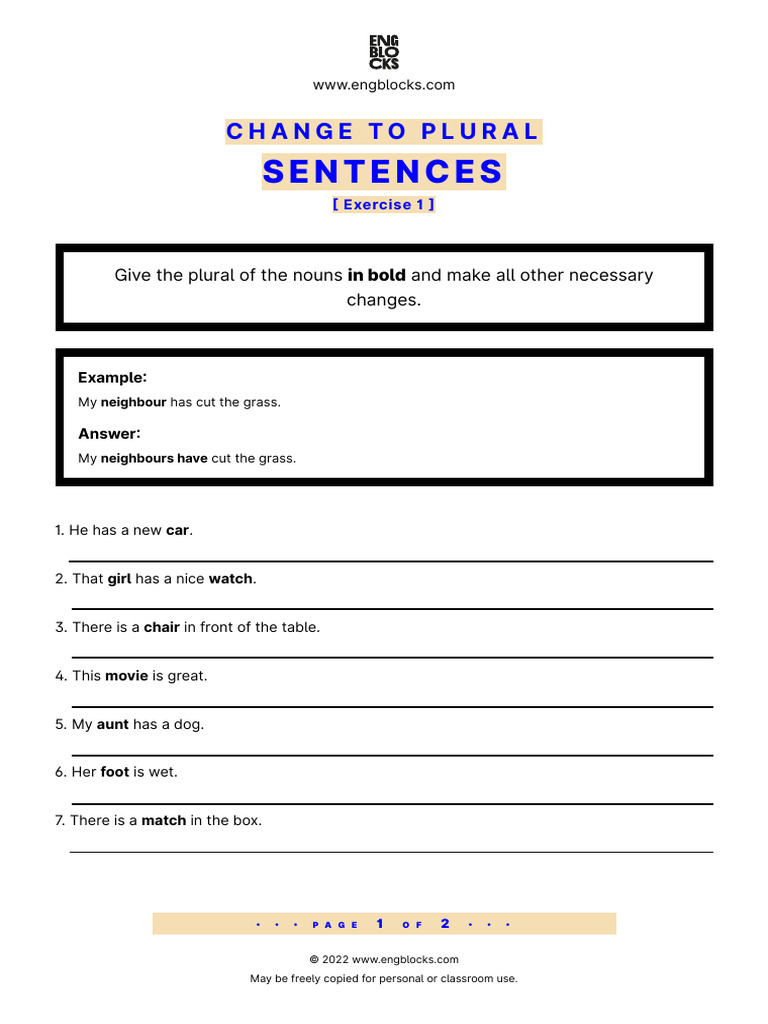 Change To Plural Sentences Exercise 1 | PDF