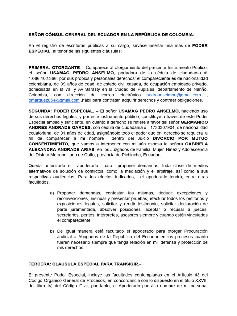 Poder Especial para Juicio de Divorcio | PDF | Ecuador | Divorcio