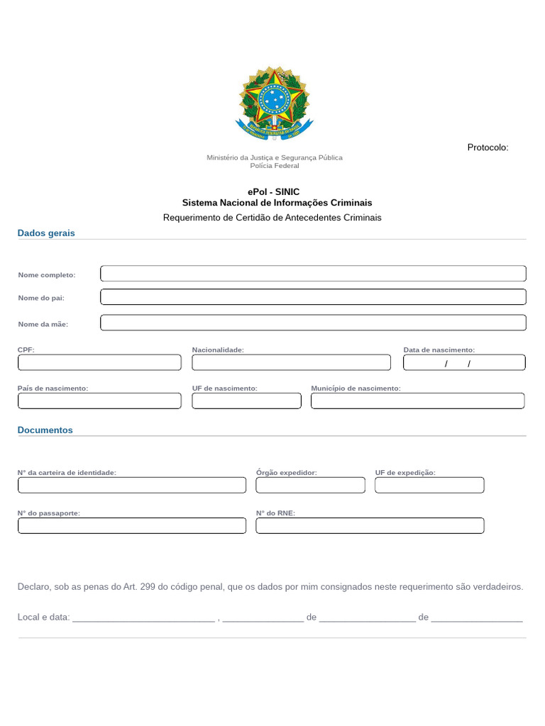 Protocolo:: Epol - Sinic Sistema Nacional de Informações Criminais | PDF