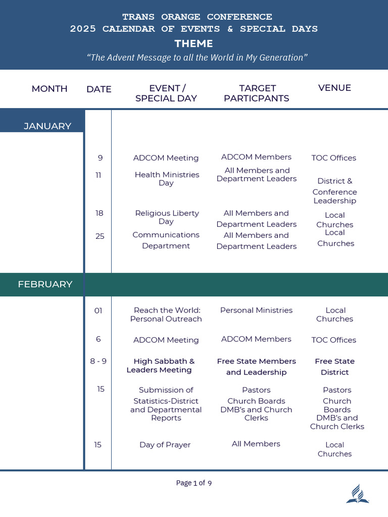 2025 - Calendar of Events - Trans Orange Conference PDF | PDF | Seventh ...