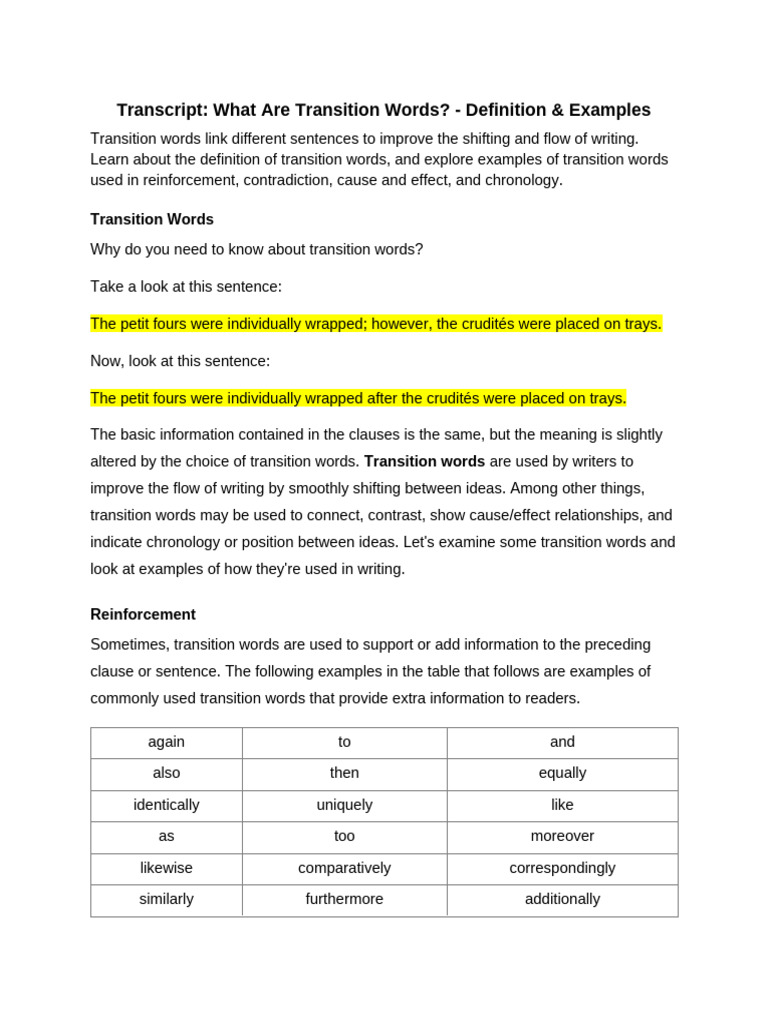 Transcript - What Are Transition Words | PDF | Linguistics