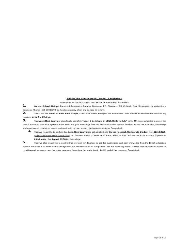 Sponsor Affidavit Aishi Rani Baidya - Page 1 | PDF