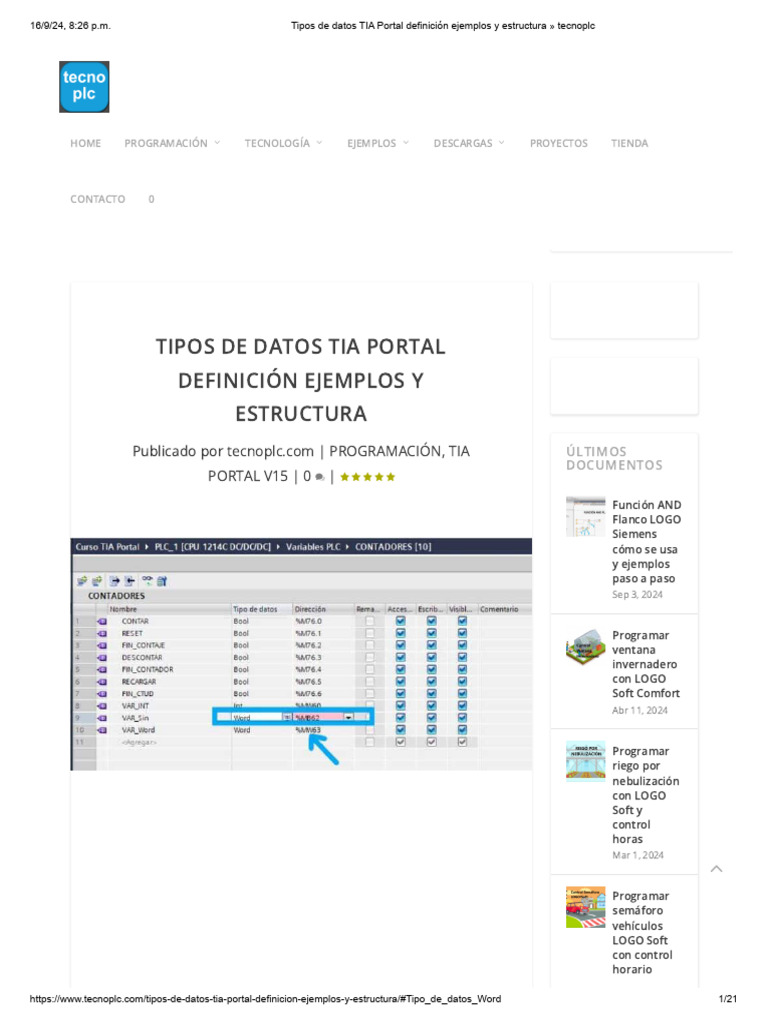 Tipos de Datos TIA Portal Definición Ejemplos y Estructura Tecnoplc | PDF | Tipo de datos | Poco