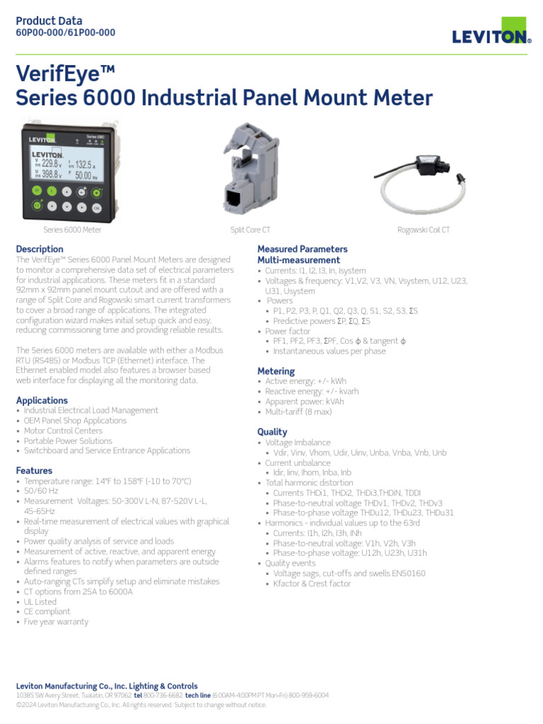 VerifEye Submetering Series 6000 Industrial Panel Mount Meter 6xP00 ...