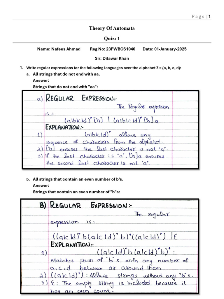 Quiz 1 Theory of Automata | PDF