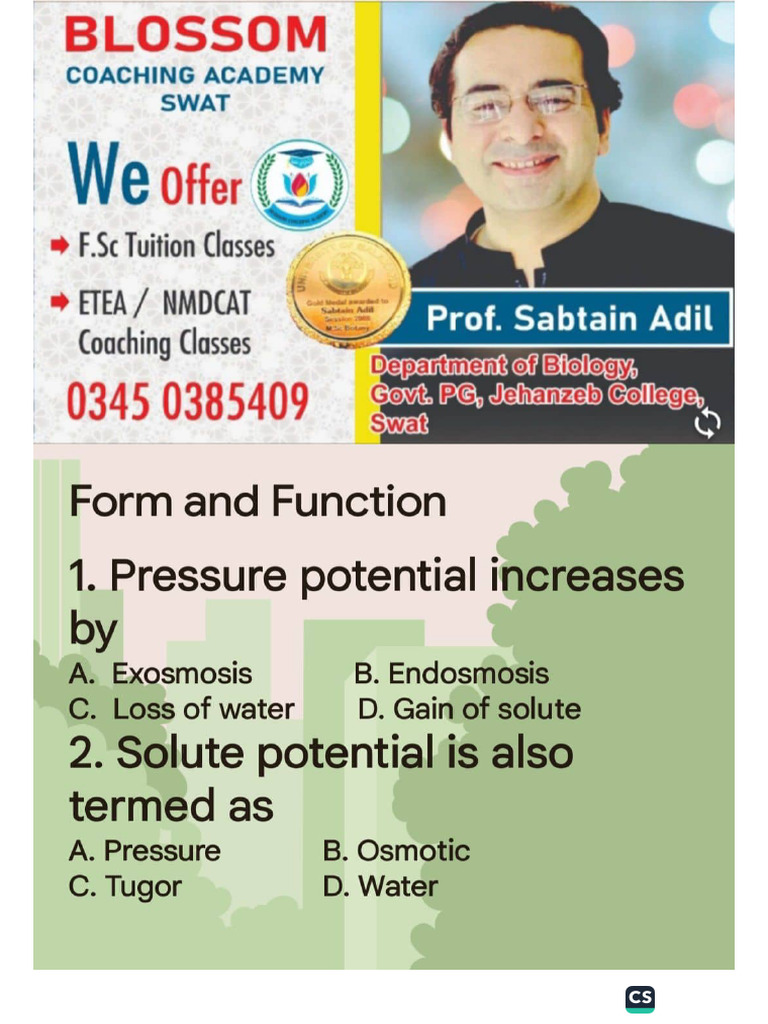 Form and Function Mcqs by Prof Sabtain Adil | PDF