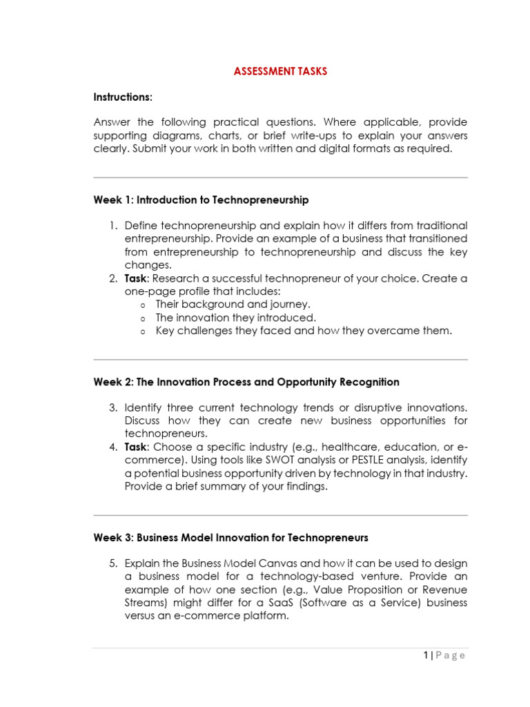 Technopreneurship Assessment Tasks Guide | PDF | Startup Company | Small Business & Entrepreneurs
