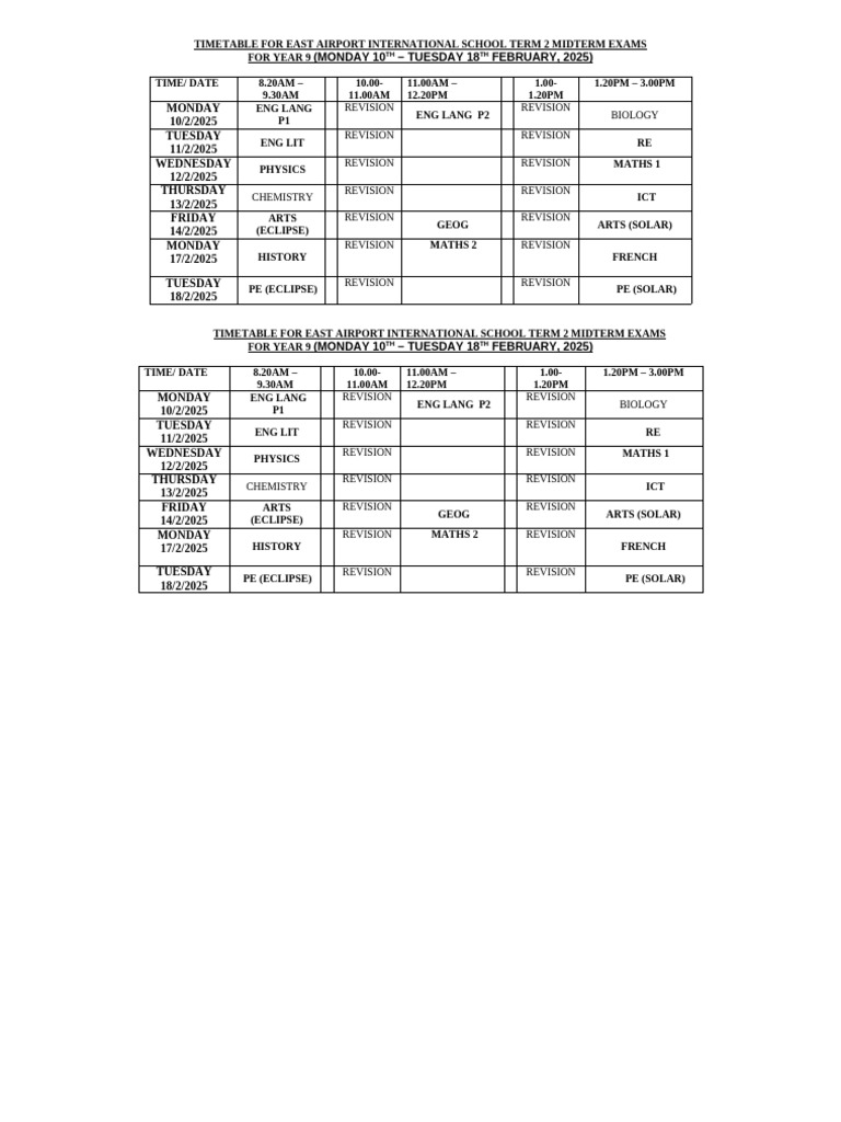 Year 9 Midterm Exam Timetable 2025 | PDF