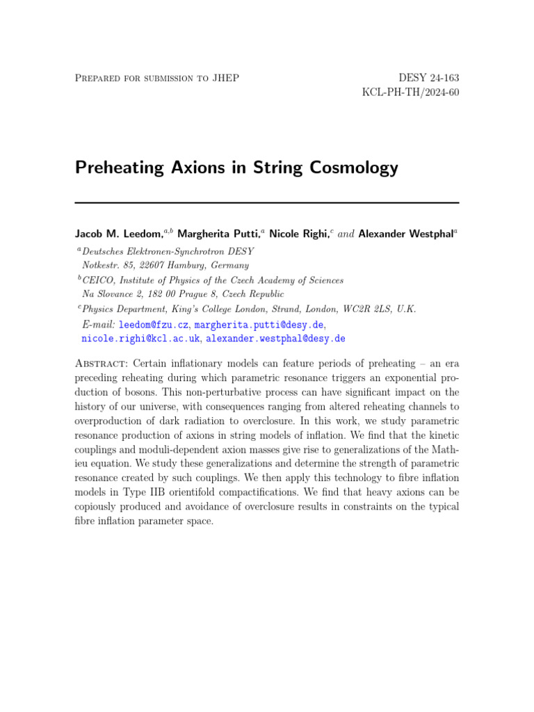 Preheating Axions in String Cosmology: Prepared For Submission To JHEP ...