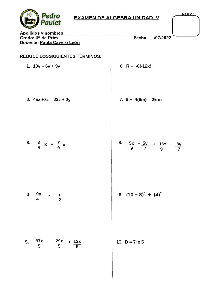 Examen de Algebra 4to Ivb | PDF