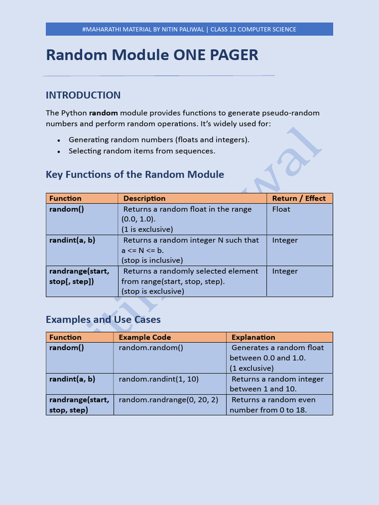 Random Module One Pager by Nitin Paliwal | PDF