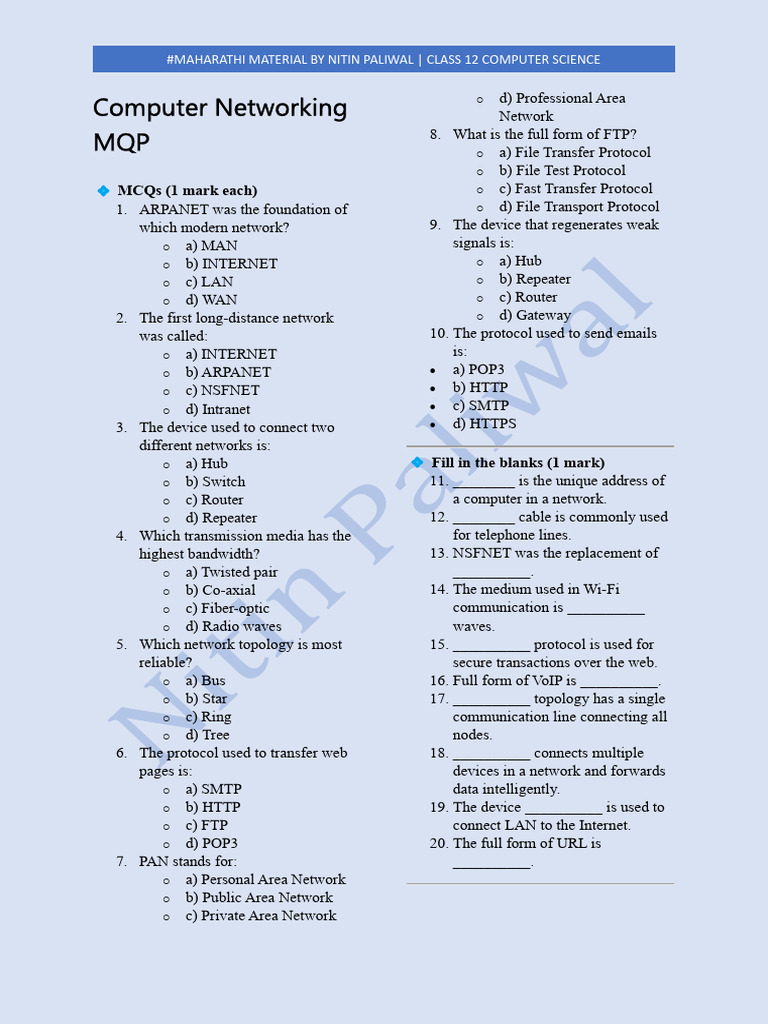 Computer Networking MQP by Nitin Paliwal | PDF | Computer Network | Ip Address