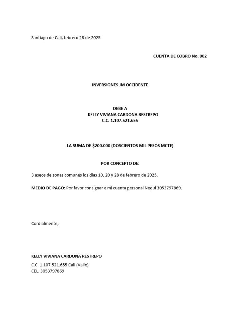 Cuenta de Cobro 002 Kelly Cardona | PDF