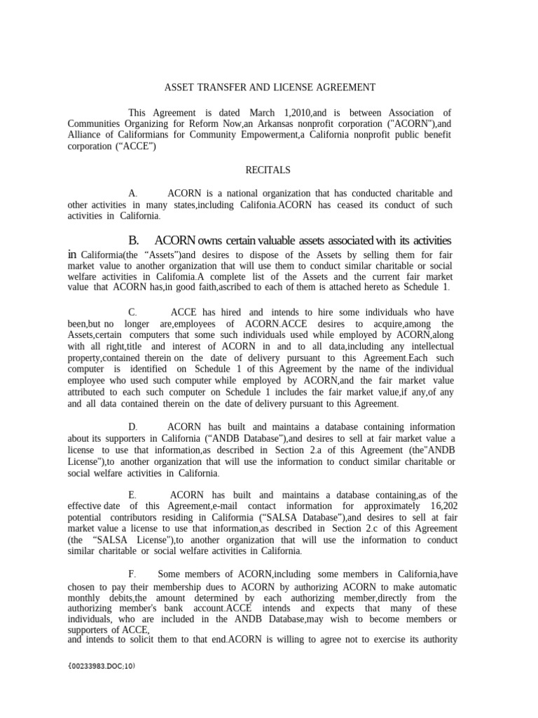 ACORN Asset Transfer to ACCE Agreement | PDF | Legal Remedy | Bankruptcy