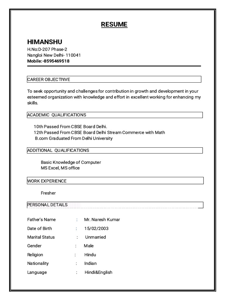 Resume Himanshu: Mobile:-8595469518 | PDF
