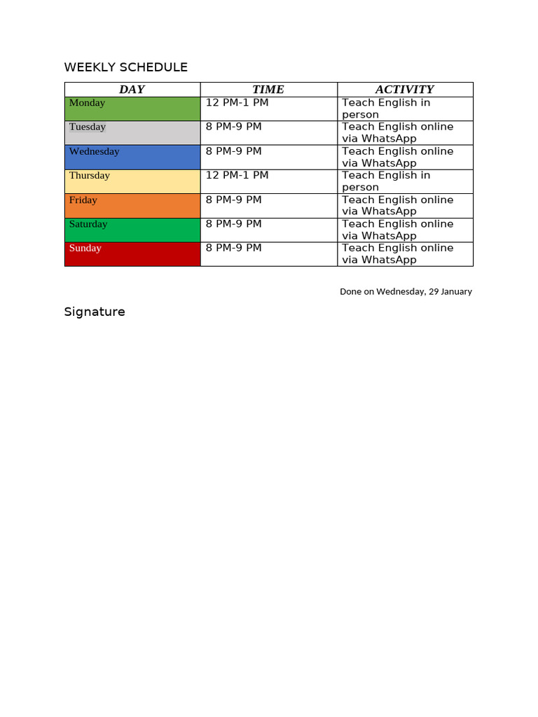 Weekly English Teaching Schedule | PDF
