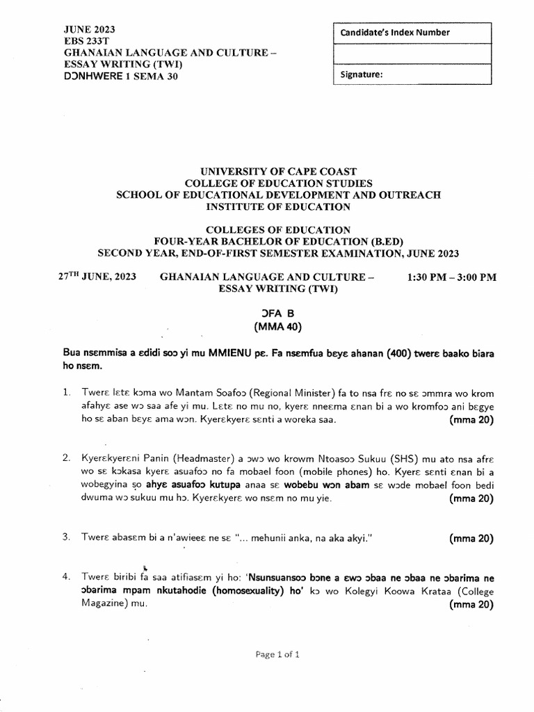 Ghanaian Language and Culture - Essay Writing (Twi) - 2023 End of Sem ...