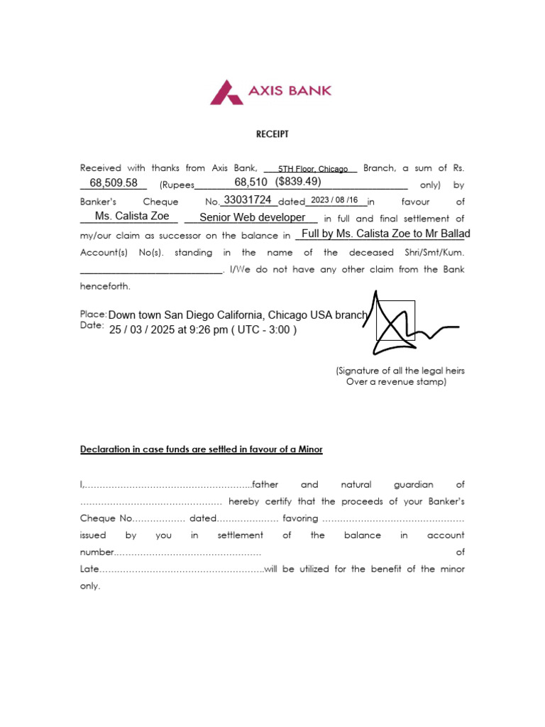 Axis Bank Receipt for Claim Settlement | PDF