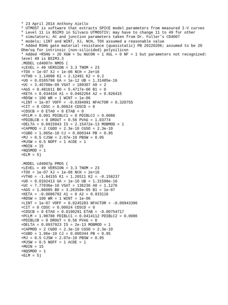 CD4007 SPICE Model Parameters | PDF