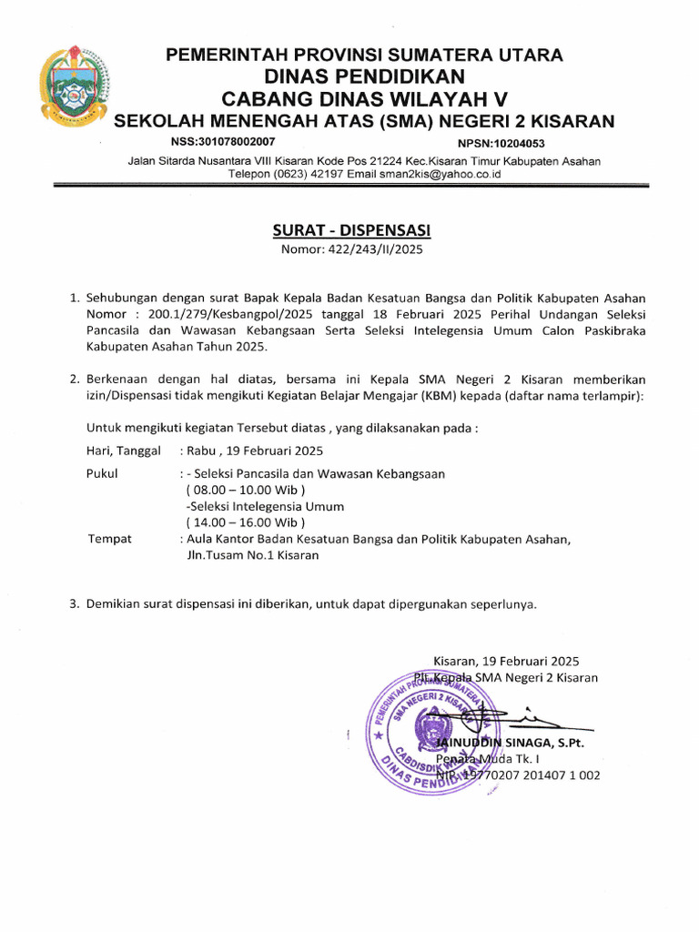 Surat Dispensasi 20250219 0001 | PDF
