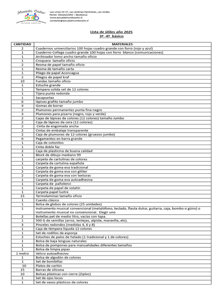 3ro y 4to Básico - Lista de Útiles 2025 | PDF