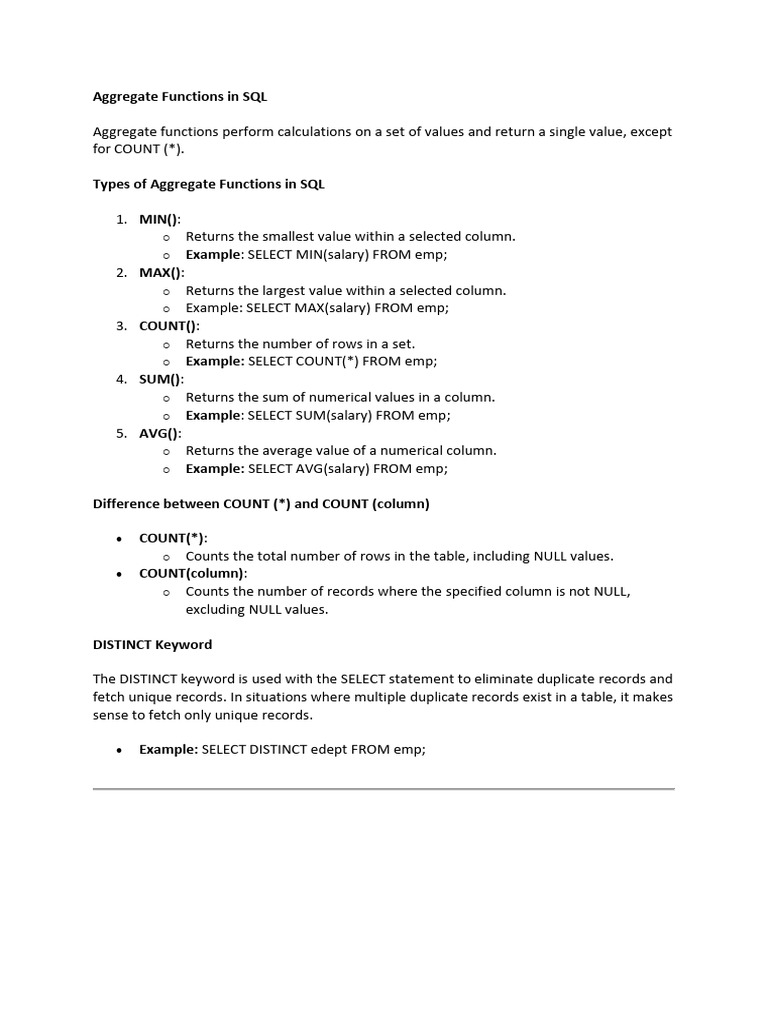 Aggregate Functions In Sql Pdf Data Management Software Databases