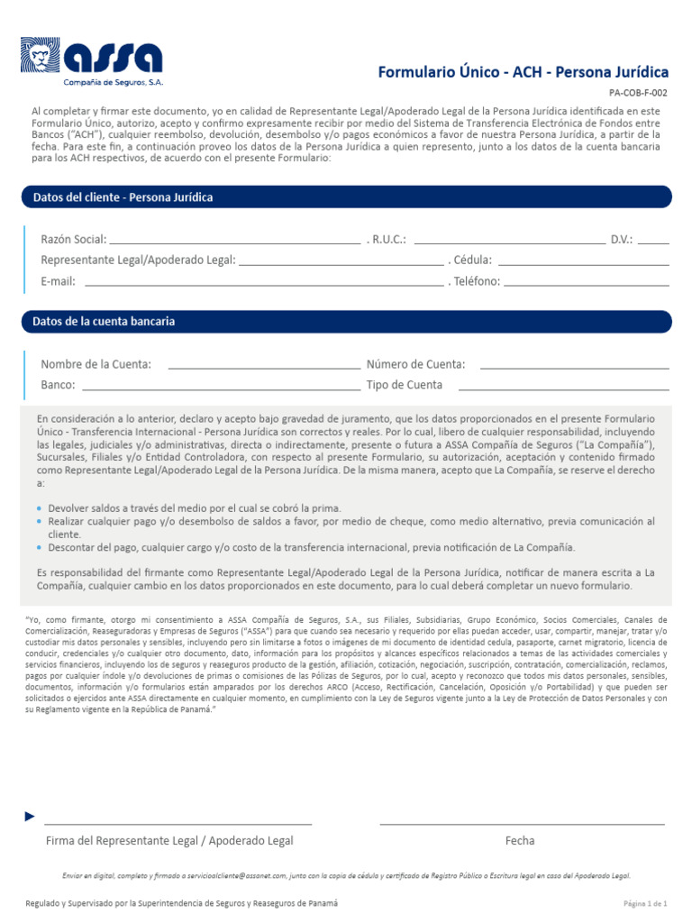 Formulario ACH para Persona Jurídica | PDF | Transferencia bancaria ...