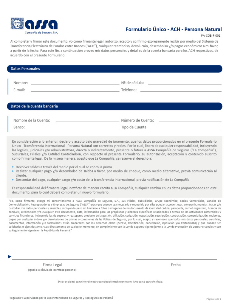 Formulario ACH - Persona Natural | PDF | Transferencia bancaria | Seguro