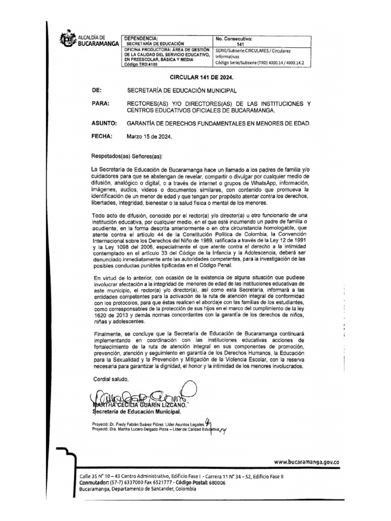 Circular 141-2024 Garantia de Derechos Fundamentales en Menores de Edad | PDF