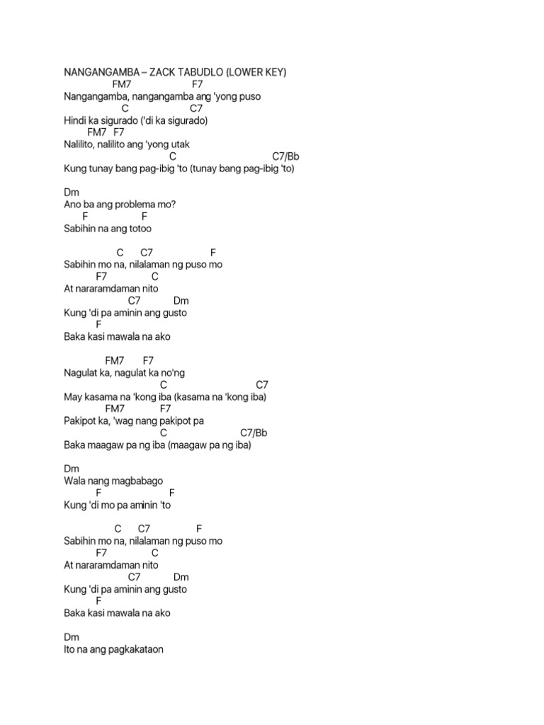 Zack Tabudlo - Nangangamba (Lower Key) | PDF
