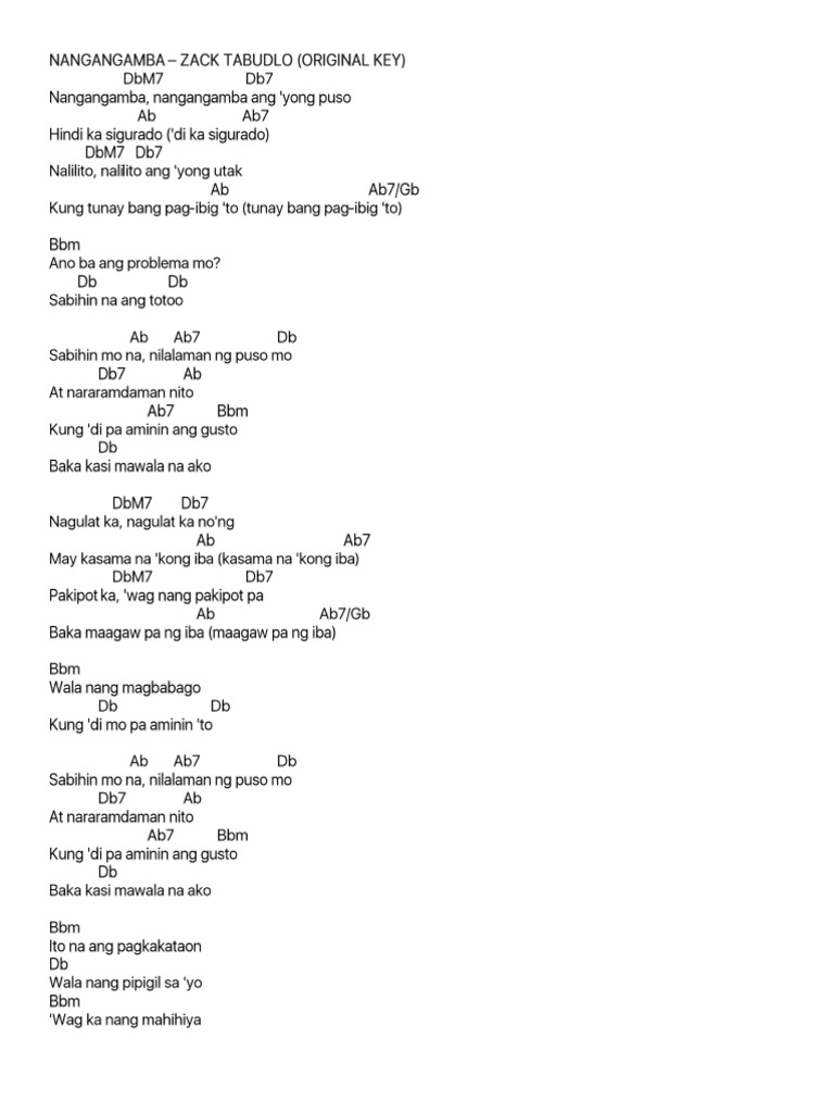 Zack Tabudlo - Nangangamba (Original Key) | PDF