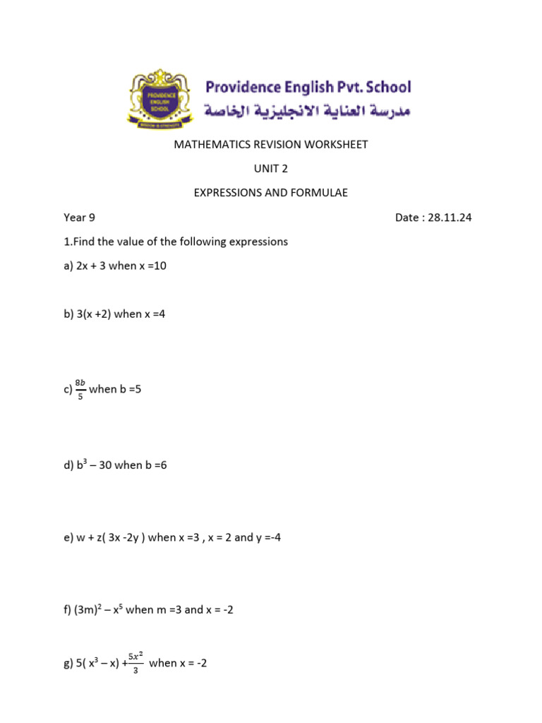 Math Revision Unit 2MATHEMATICS REVISION WORKSHEET | PDF