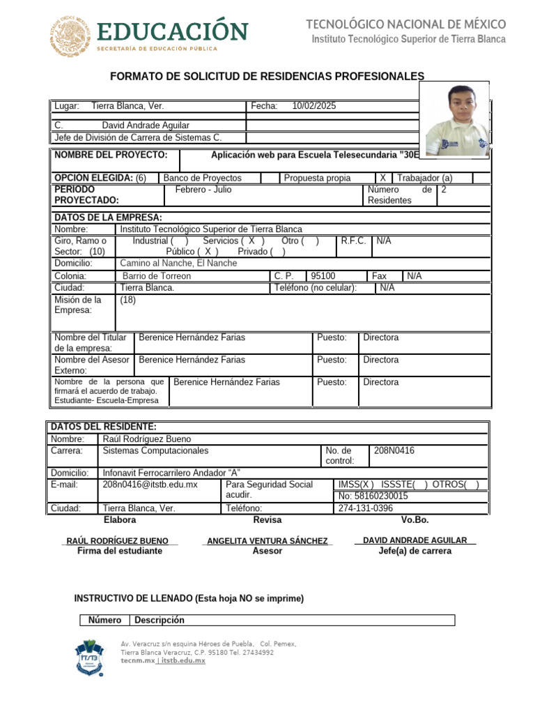 Solicitud de Residencia Profesional | PDF