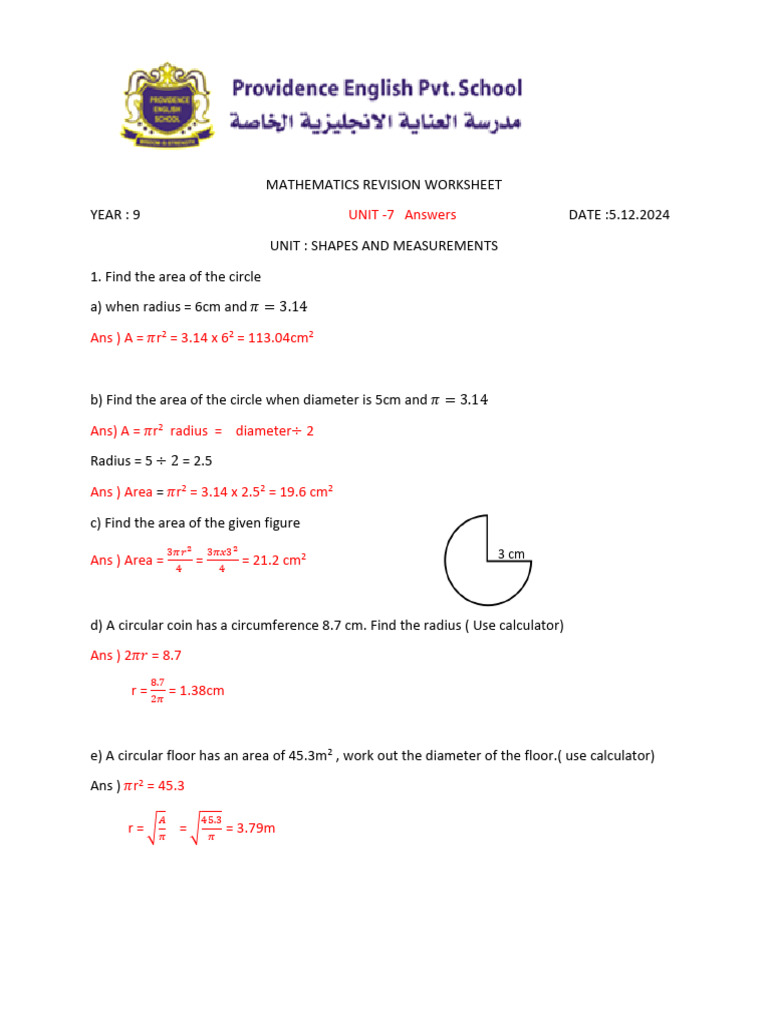 Ans_unit_7MATHEMATICS_REVISION_WORKSHEET | PDF | Area | Pi