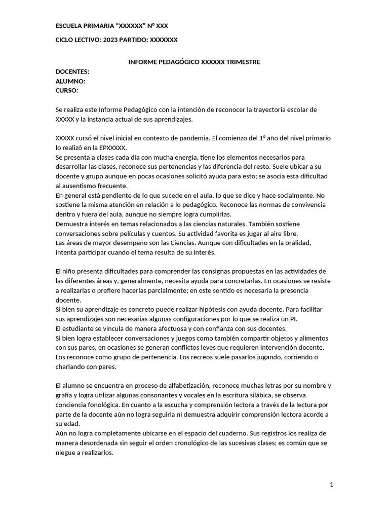Ejemplo INFORME PEDAGÓGICO | PDF | Educación primaria | Maestros