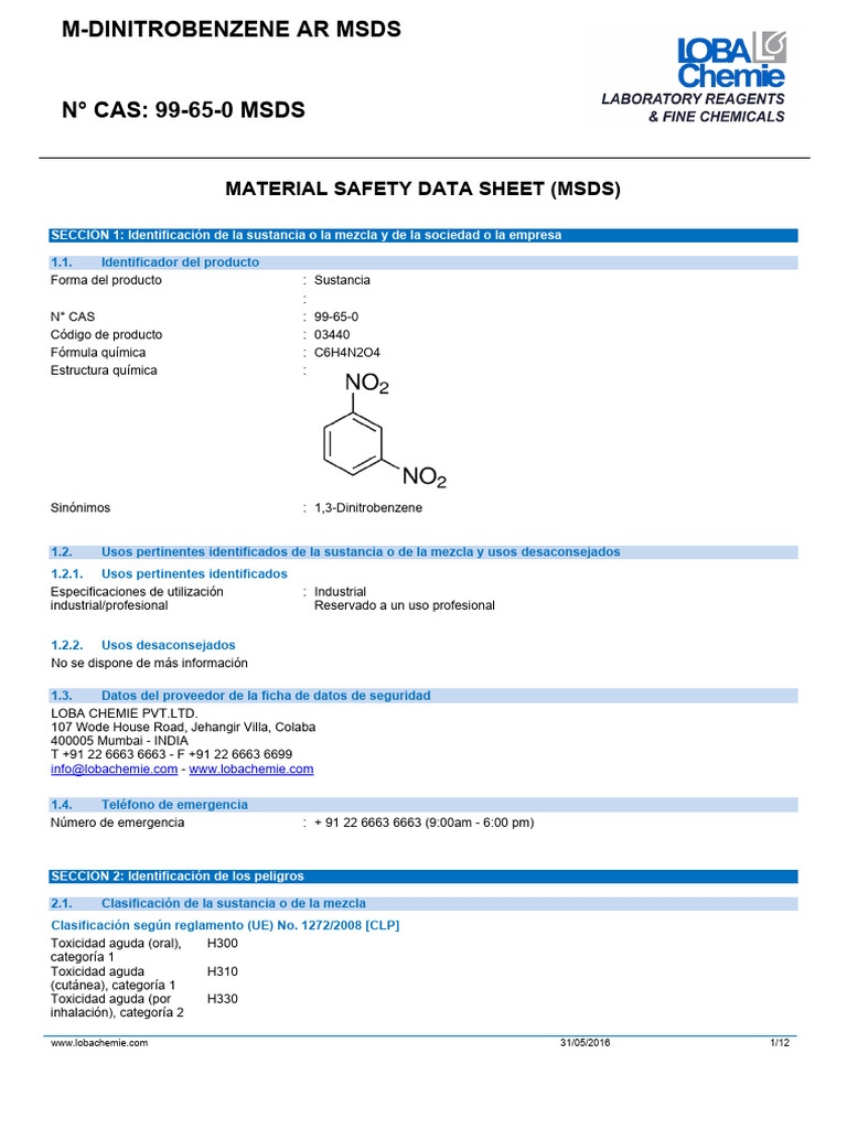 MSDS mDINITROBENZENE CASNO 99 65 03440 ES - Aspx | PDF | Toxicidad ...