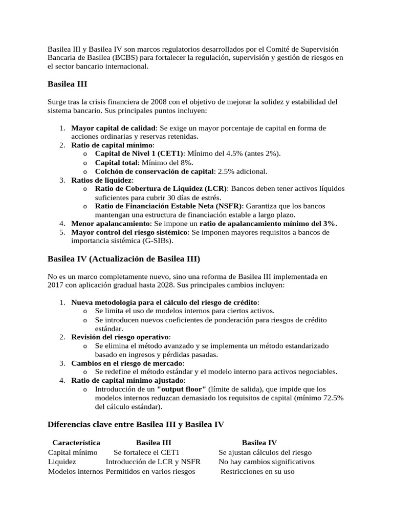 Basilea III y Basilea IV son marcos regulatorios desarrollados por el ...