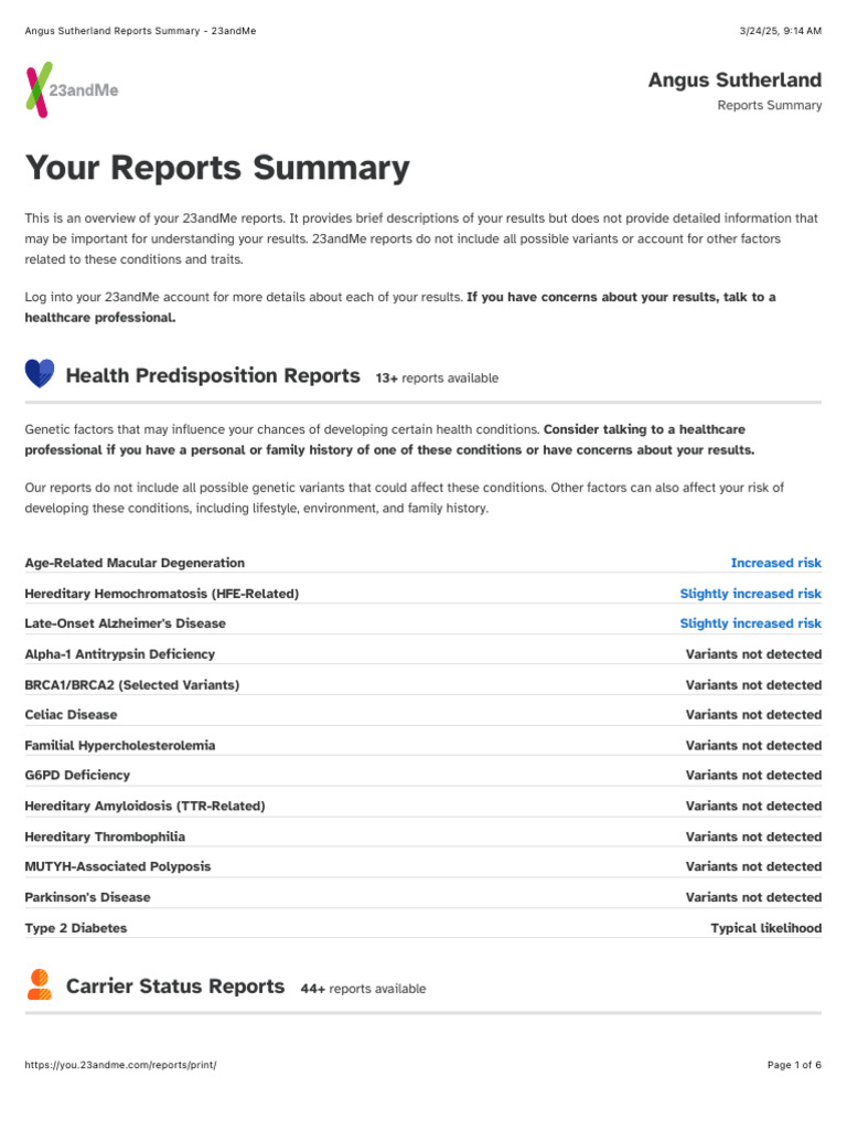 Angus Sutherland 23me Reports Summary - 23andMe | PDF | Genetic ...