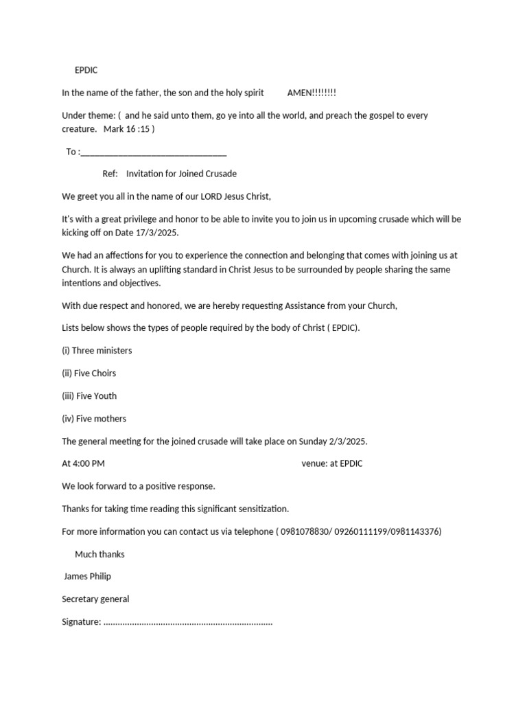 Invitation to EPDIC Joined Crusade | PDF