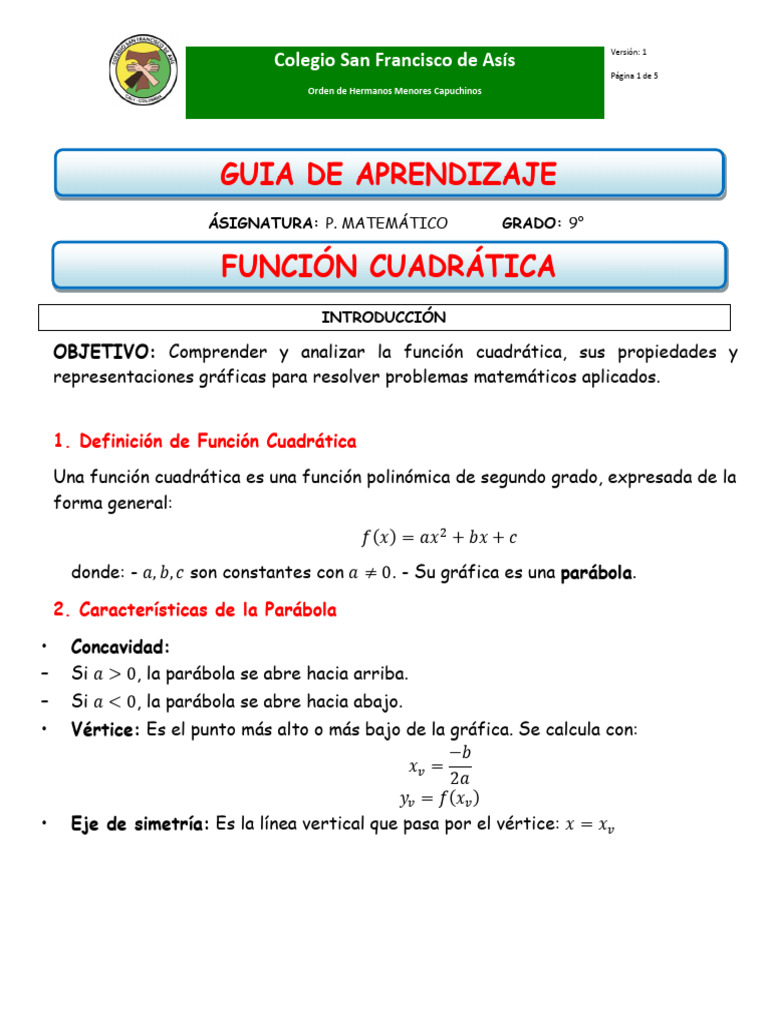 Guía - Función Cuadrática | PDF | Matemáticas | Análisis matemático