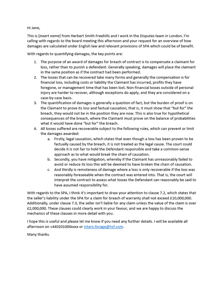 Task 3 - Model Answer - Transcript of Voicemail | PDF | Damages | Causation (Law)