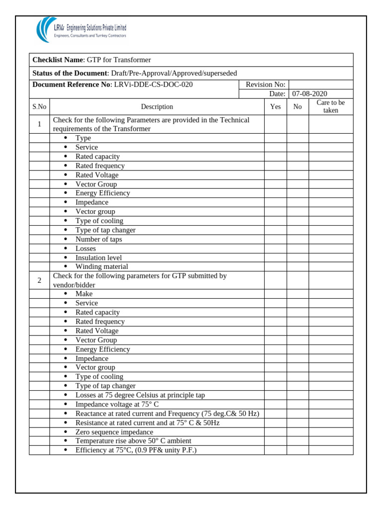 LRVI-DDE-CS-DOC-020 Check list for GTP for Transformer | PDF | Transformer | Physical Quantities