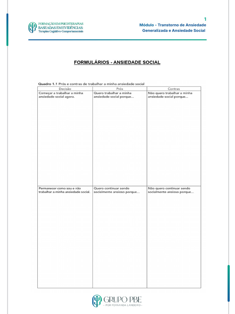 Formulários - Ansiedade Social | PDF