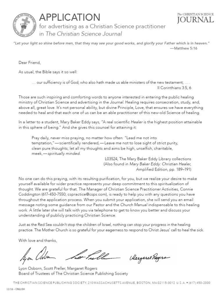 Application for Christian Science Practitioners | PDF | Faith Healing ...