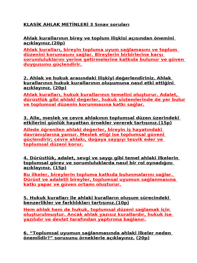 Klasik Ahlak Metinleri Çalışma Kağıdı | PDF